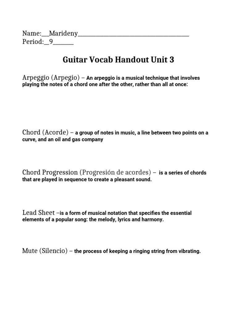 Guitar Vocab Handout Unit 3 | PDF