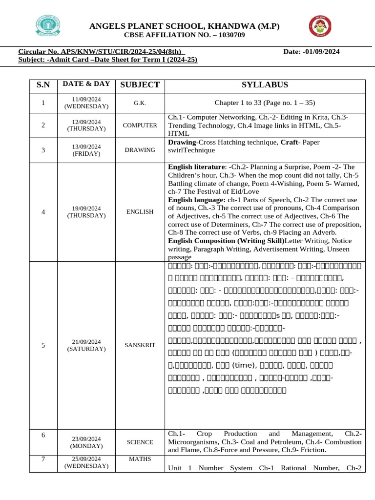 11 Class 8th Date Sheet Term 1 | PDF