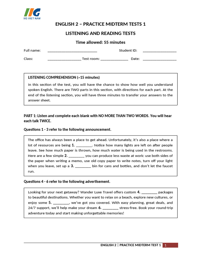 C2 - Midterm - Practice Test 1 | PDF | Standard Chinese | Chinese Language