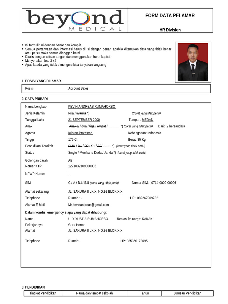 Job Application Form Indonesia Kevin Andreas | PDF
