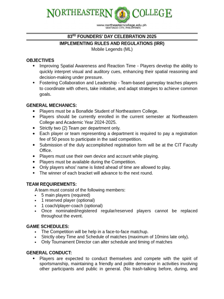 Mobile Legends Implementing Rules and Regulations 2025 | PDF