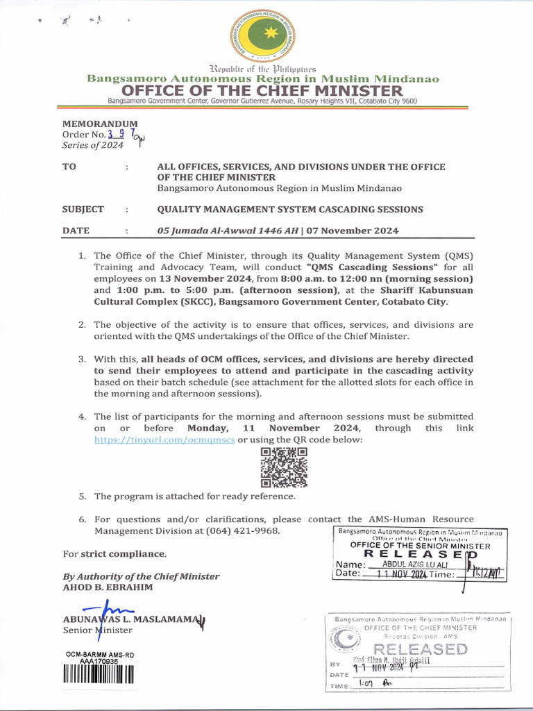 Memorandum Order No. 397 Series of 2024 Quality Management System ...