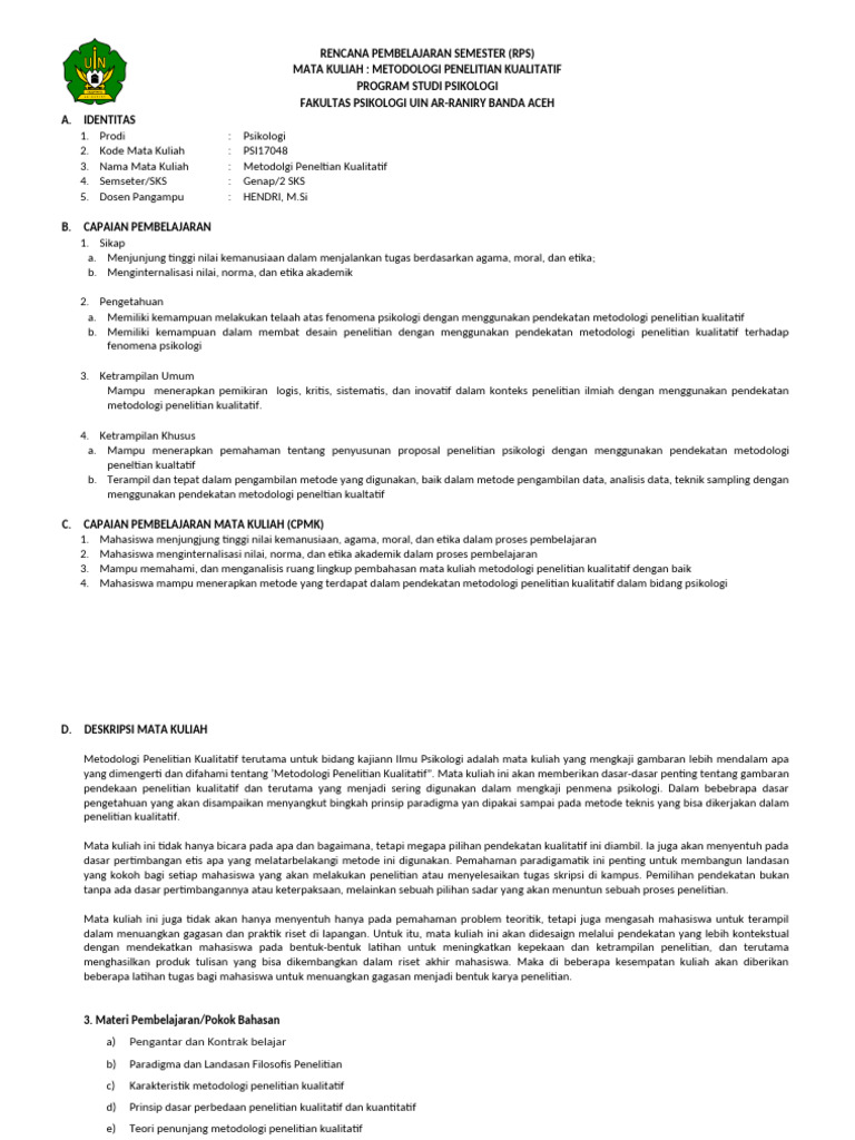 Rps Mata Kuliah Metodologi Penelitian Kualitatif | PDF