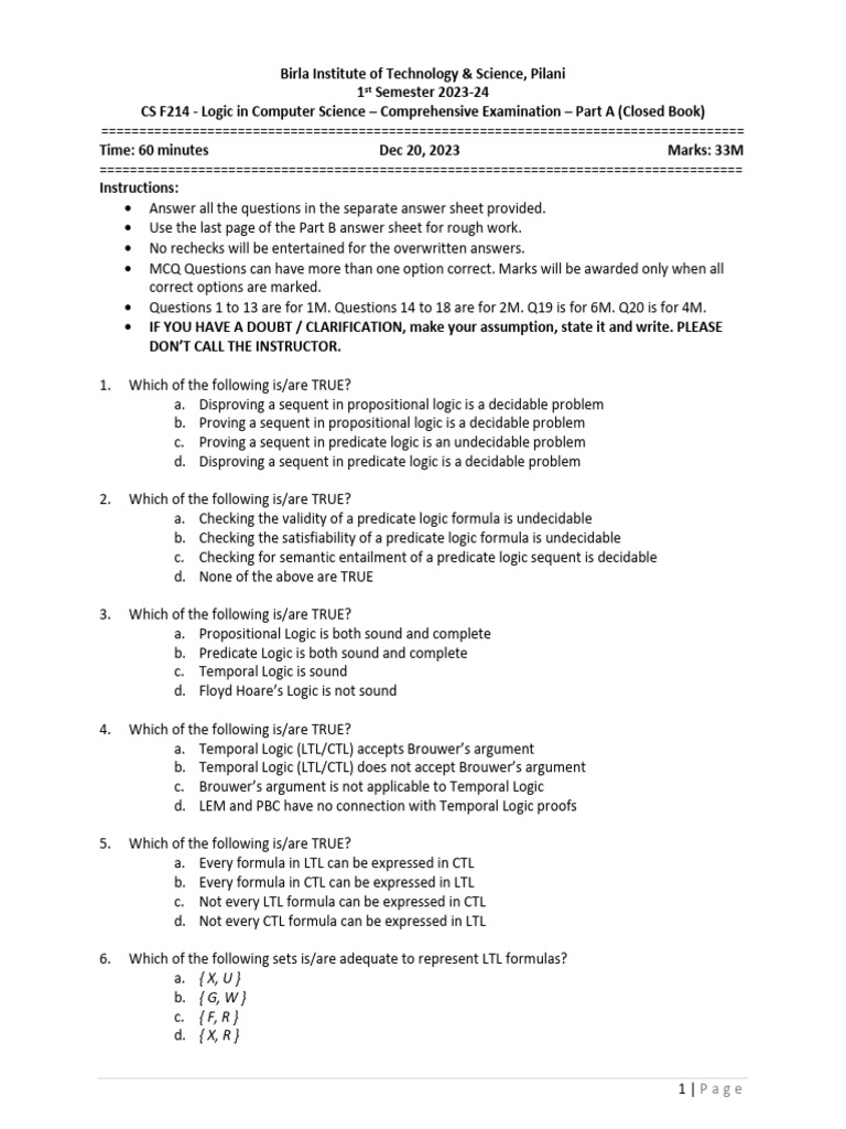 1157 CS F214 20231221100614 Comprehensive Exam Question Paper | PDF | Logic | Mathematics