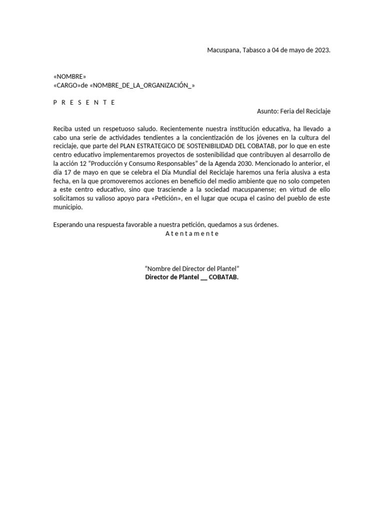 Carta Peticion para La Feria de Reciclaje | PDF