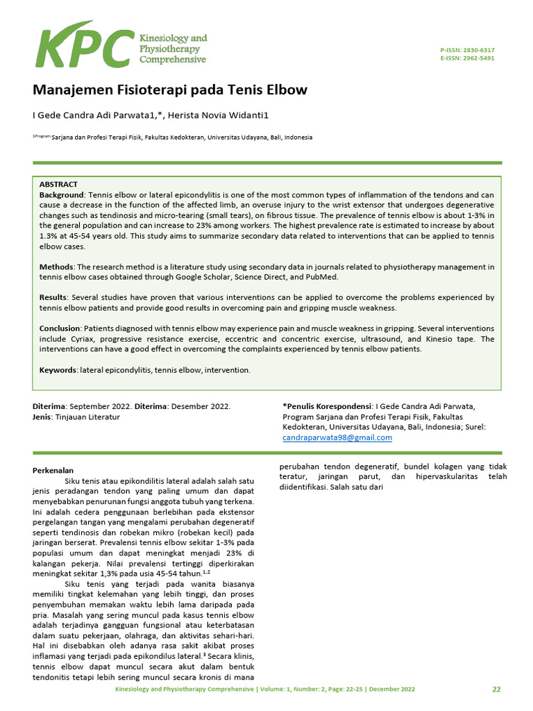 Manajemen Fisioterapi pada Tennis Elbow | PDF
