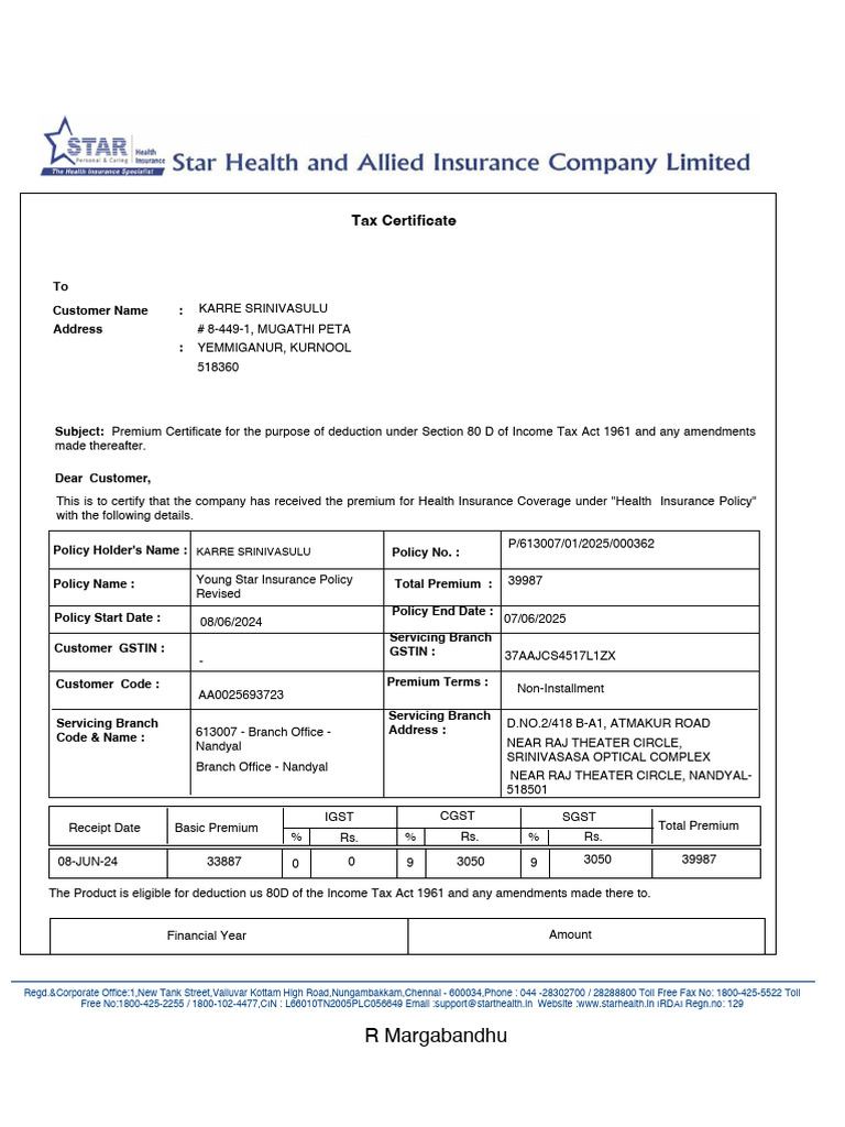 Srinu 227770962 80D CERTIFICATE | PDF | Insurance | Financial Services