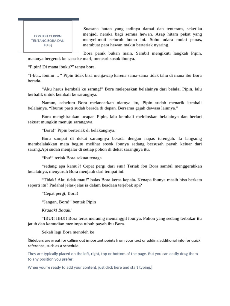 Contoh Cerpen Tentang Bora Dan Pipin | PDF