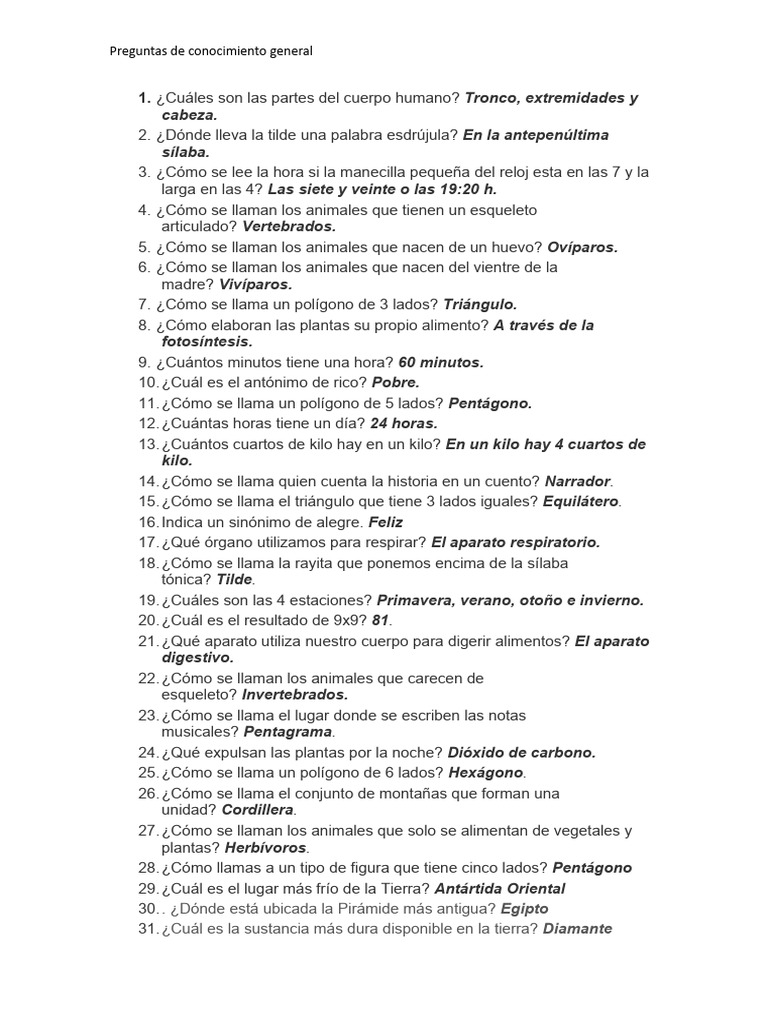 Preguntas de Cultura General para Primaria | PDF