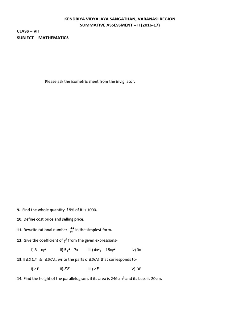 KV Class 7 Annual Exam Model Question Paper MATHS | PDF | Area ...