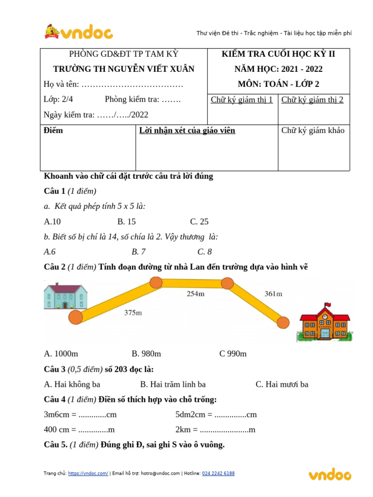 De Thi Cuoi hk2 Mon Toan Lop 2 Truong TH Nguyen Viet Xuan Nam 2021 2022 | PDF