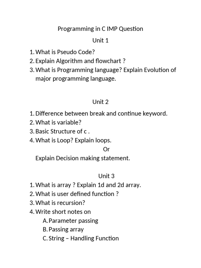 Programming in C IMP Question | PDF