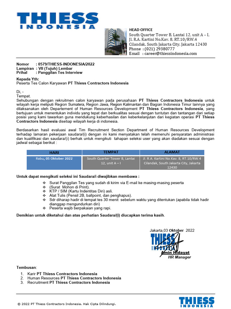 File Undangan Interview PT Thiess Contractors Indonesia | PDF
