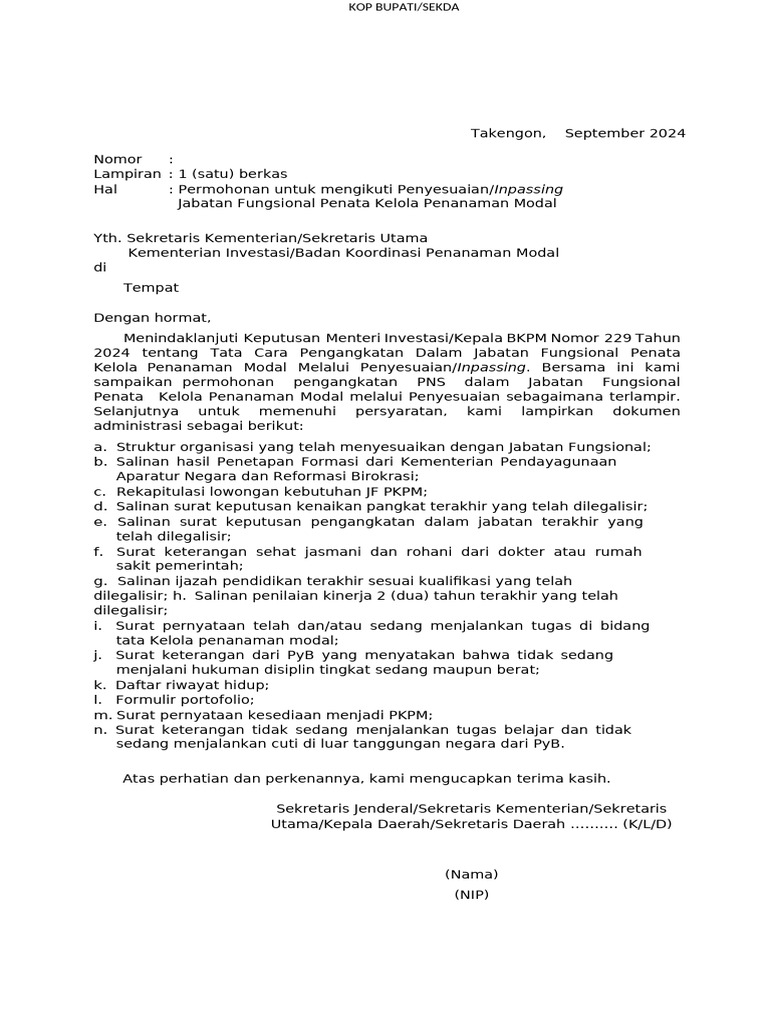 Permohonan Inpassing JF Penanaman Modal | PDF