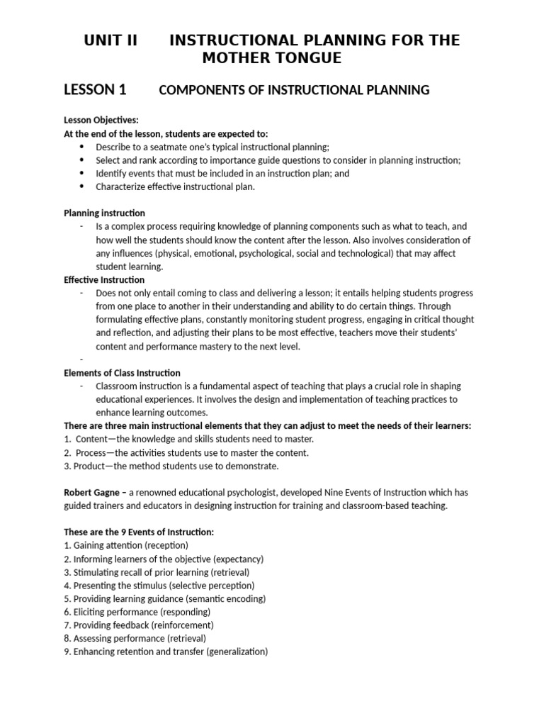 UNIT II Lesson 1, 2 and 3 INSTRUCTIONAL PLANNING FOR THE MOTHER TONGUE | PDF | Learning ...