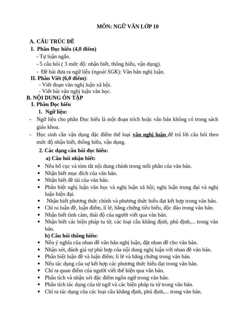 Đề cương Ngữ văn CKI K10 NH 2024-2025 | PDF