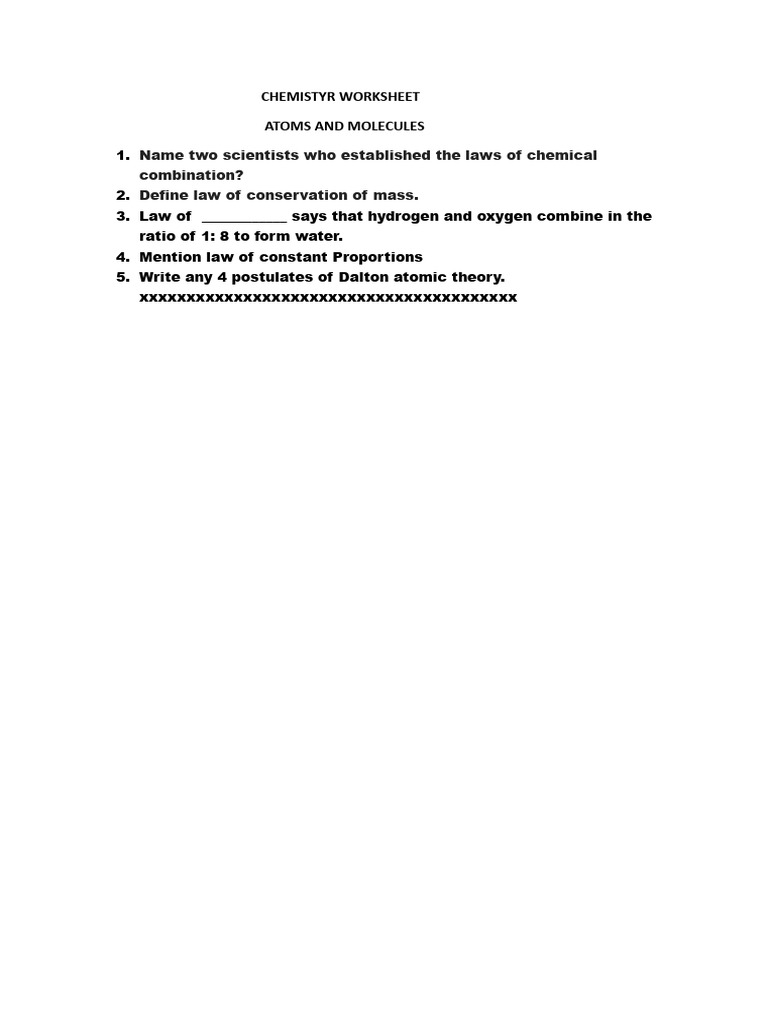 Chemistry Worksheet: Atoms & Molecules | PDF