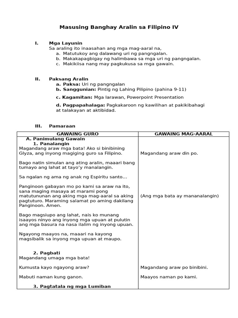 Masusing Banghay Aralin Sa Filipino | PDF