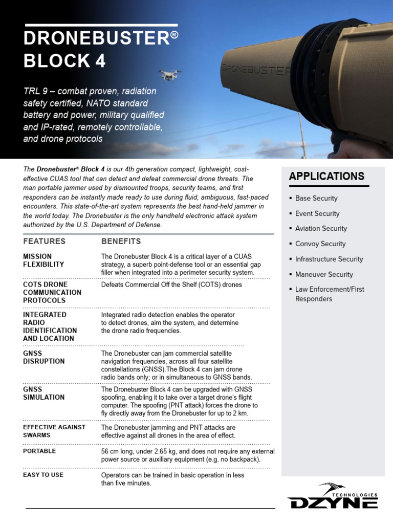Dronebuster Block 4 Data Sheet 1 | PDF | Unmanned Aerial Vehicle | Radio