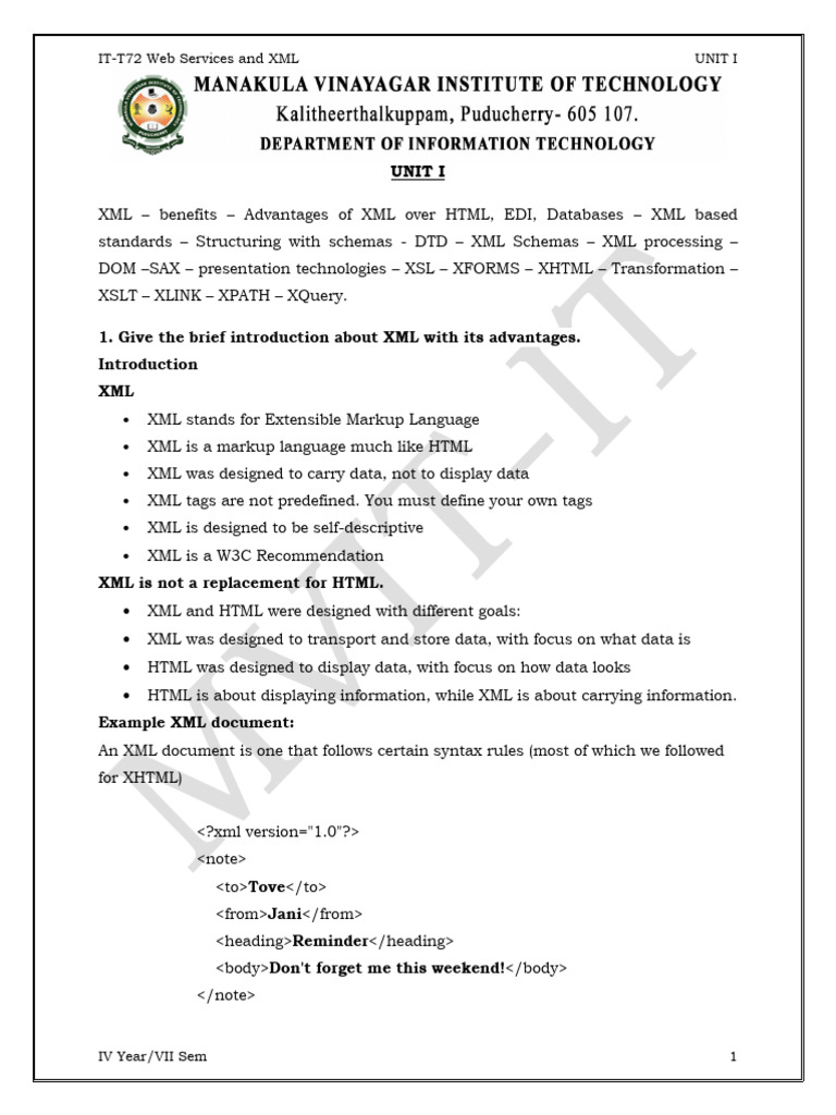 WSX UNIT I 2023-24 | PDF | Xslt | Xml