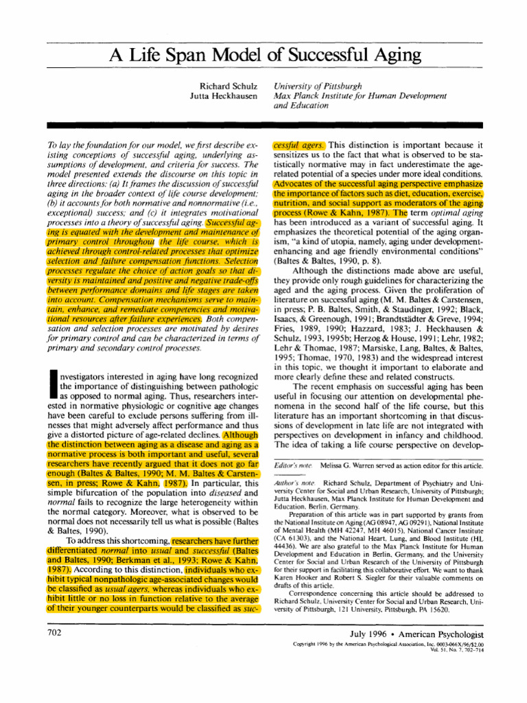 A Life Span Model of Successful Aging | PDF | Ageing | Behavioural Sciences