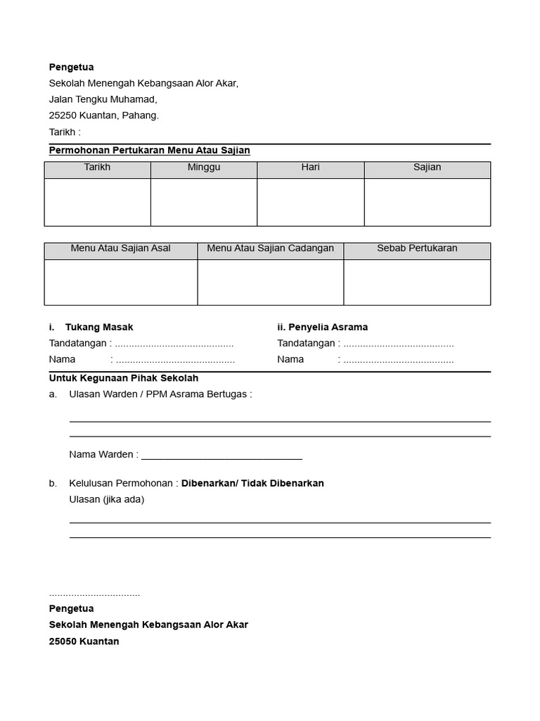 Permohonan Penukaran Menu | PDF