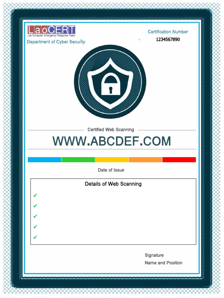 Department of Cyber Security Certification Number: Details of Web ...