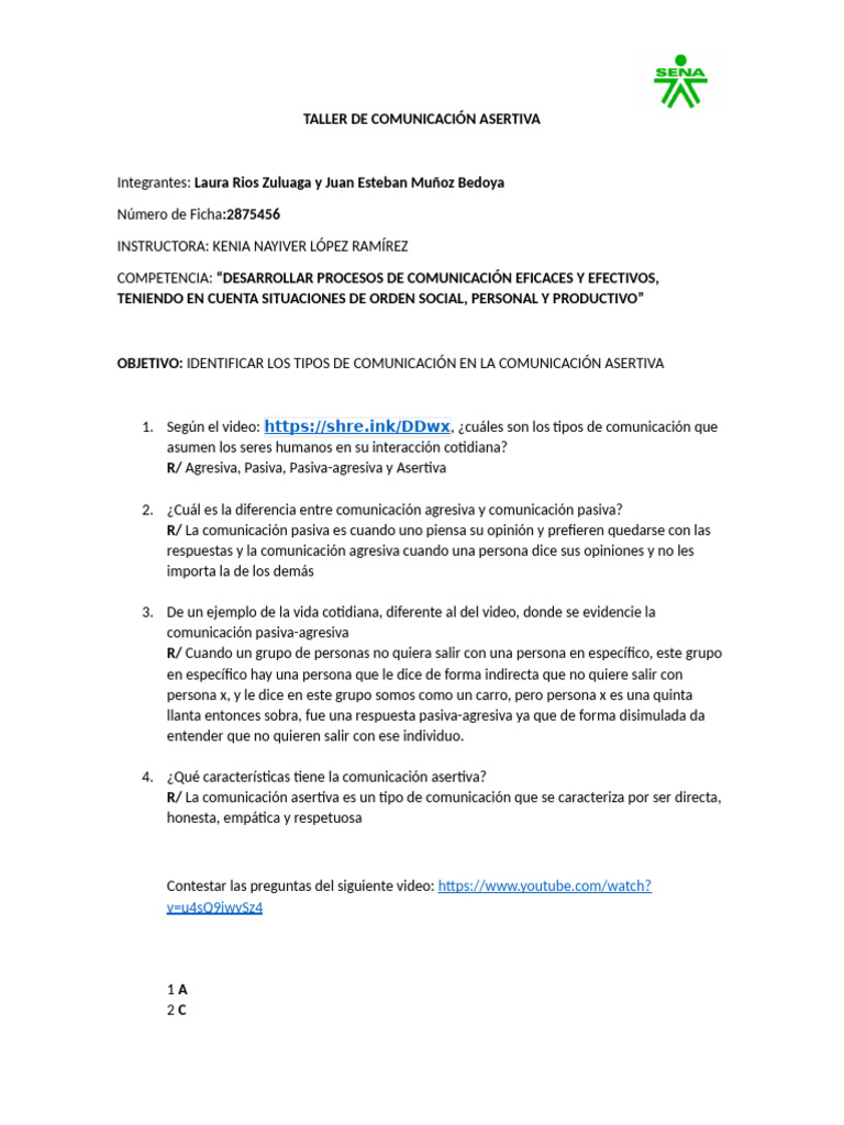 Taller de Comunicación Asertiva Laura y Juanes Muñoz | PDF