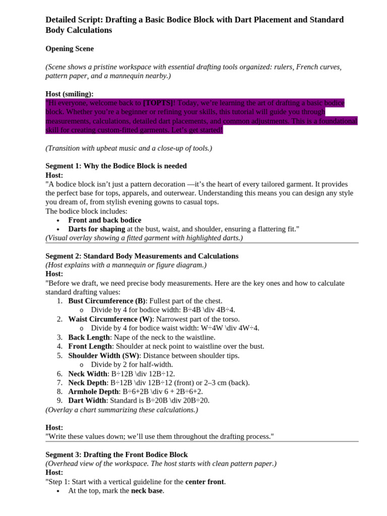 Write Me A Script About Drafting A Basic Bodice Block | PDF | Length | Seam (Sewing)