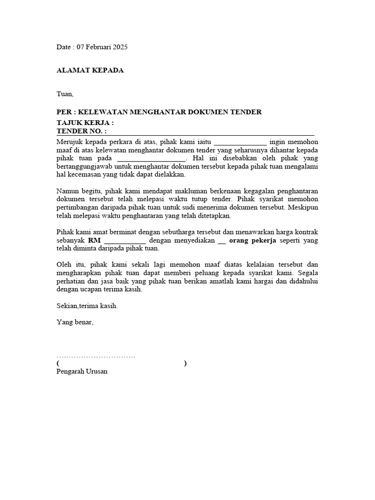Surat Lewat Hantar Tender | PDF