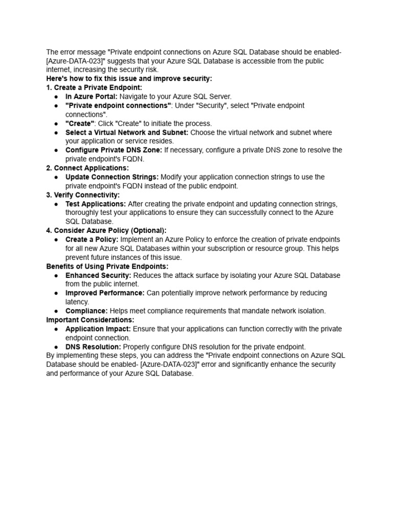 Private Endpoint Connections on Azure SQL Database... | PDF