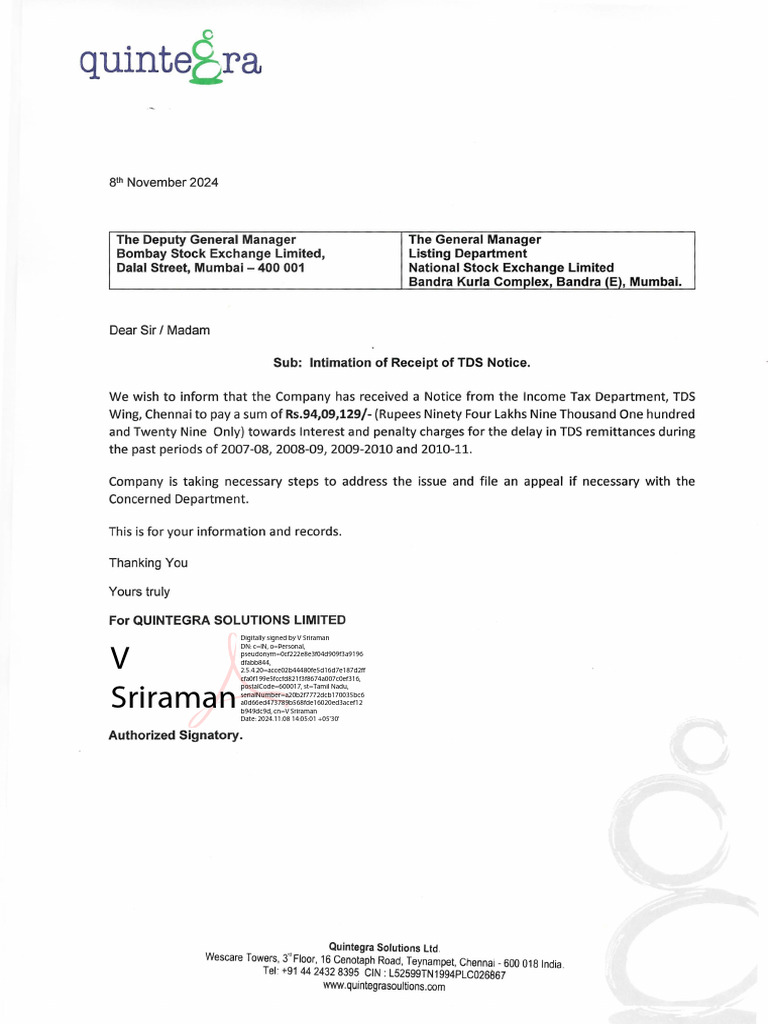 QUINTEGRA 08112024141731 IncomeTax Intimation Letter To SE | PDF
