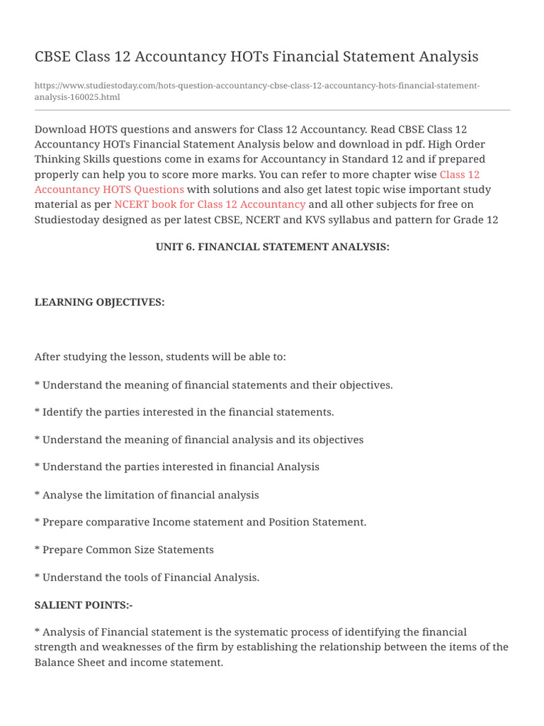 Financial Statement Analysis for Class 12 | PDF | Equity (Finance ...