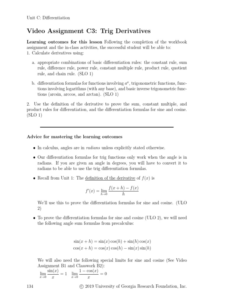 C3 Pre-Class Handout | PDF | Trigonometric Functions | Calculus