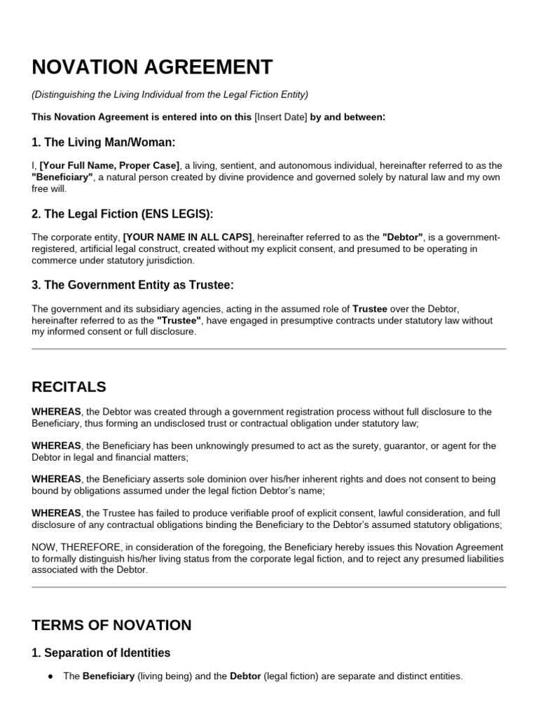 Novation Agreement: Separate Legal Identity | PDF | Trustee | Notary Public