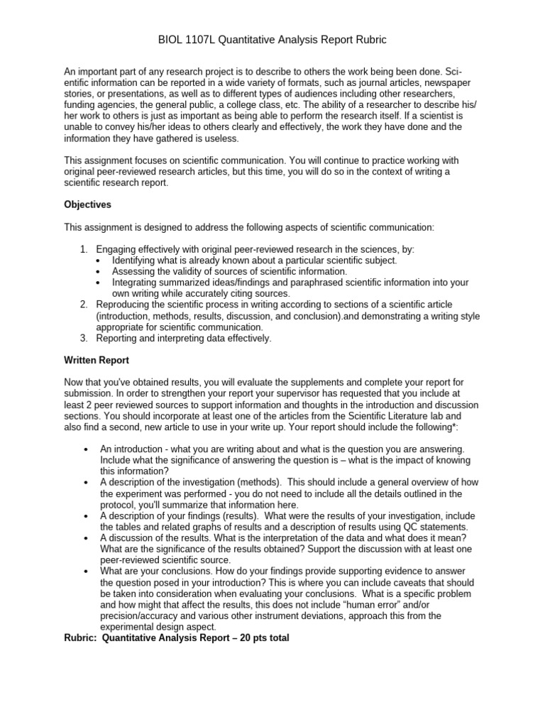 BIOL 1107L Quantitative Analysis Report | PDF | Statistics | Information