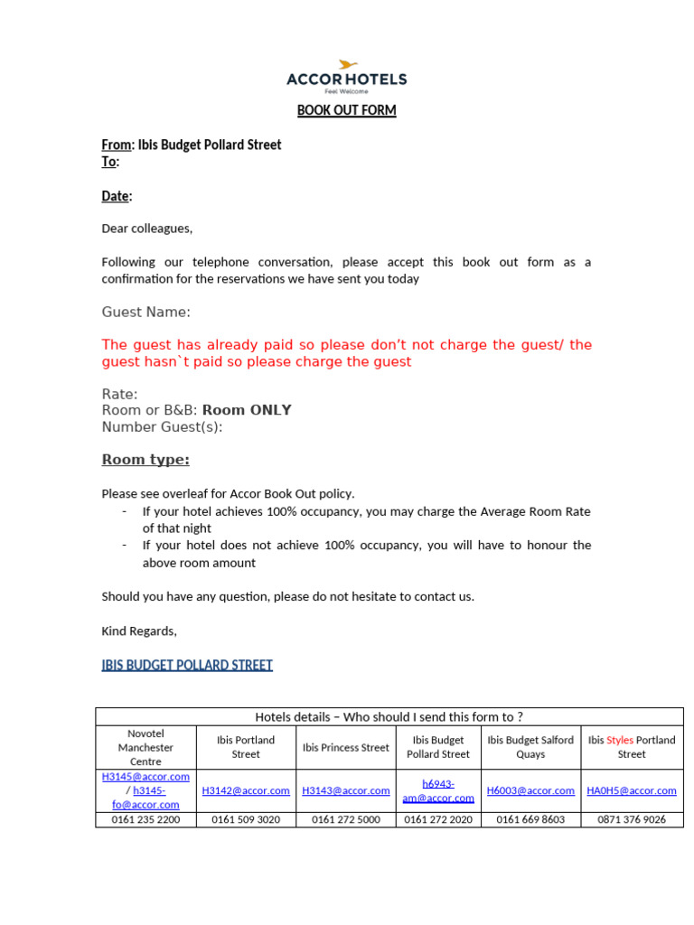 Bookout Form L | PDF | Hotel
