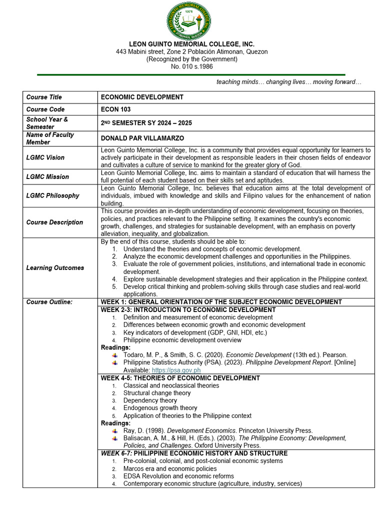 Econ 103 Economic Development Syllabus 2025 | PDF | Sustainability | Sustainable Development
