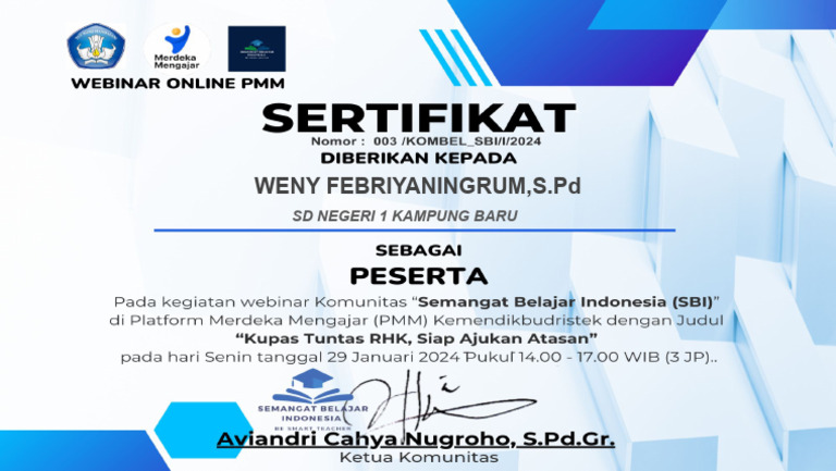 Sertifikat RHK Weny Febriyaningrum, S.PD | PDF