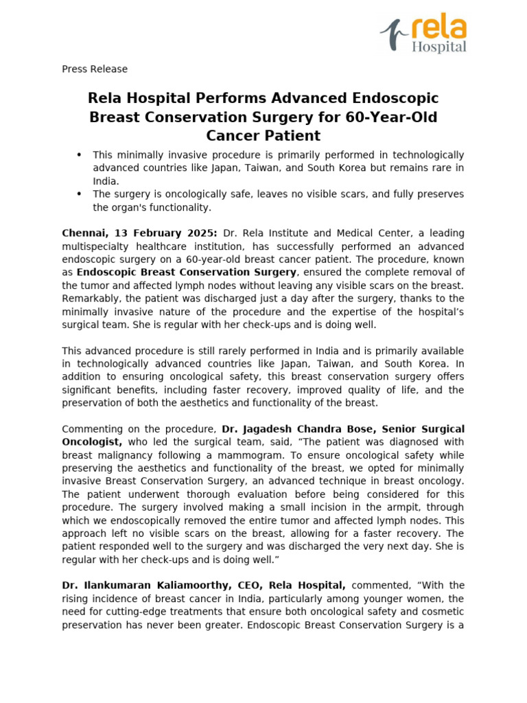 Press Release + Rela Hospital +Advanced Endoscopic Breast Conservation ...