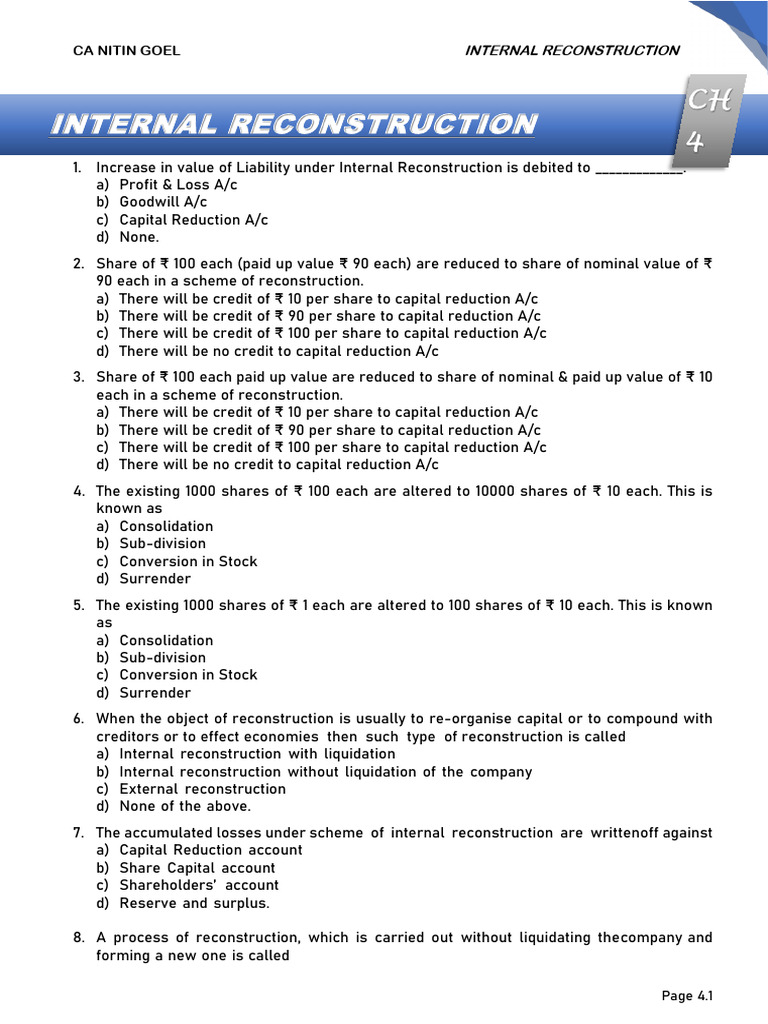 Internal Reconstruction MCQs | PDF | Debits And Credits | Equity (Finance)