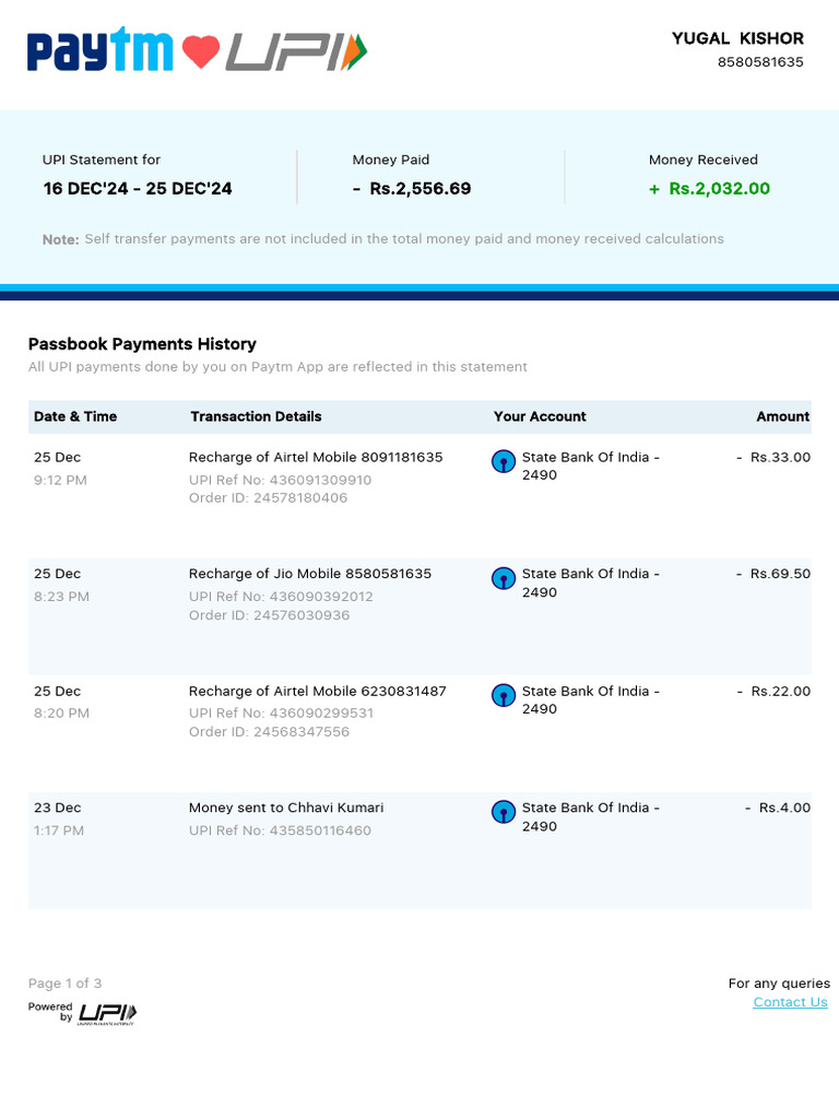 Paytm UPI Statement 16 Dec'24 - 25 Dec'24 | PDF | Mobile Technology ...
