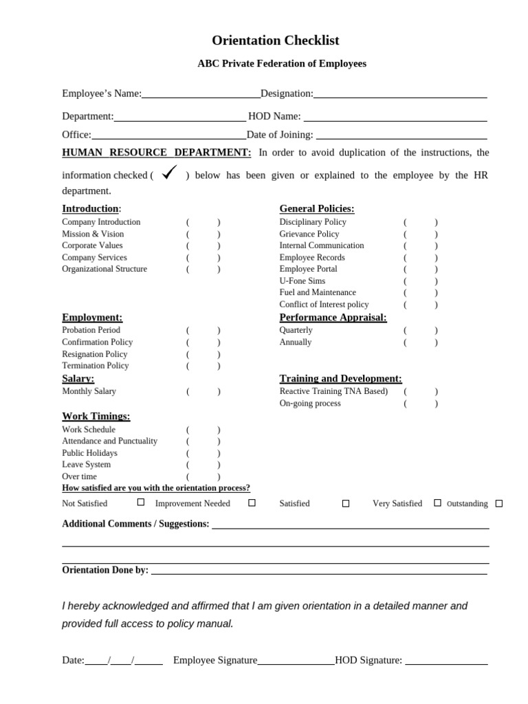 Orientation Checklist - N | PDF | Employment | Organizational Behavior
