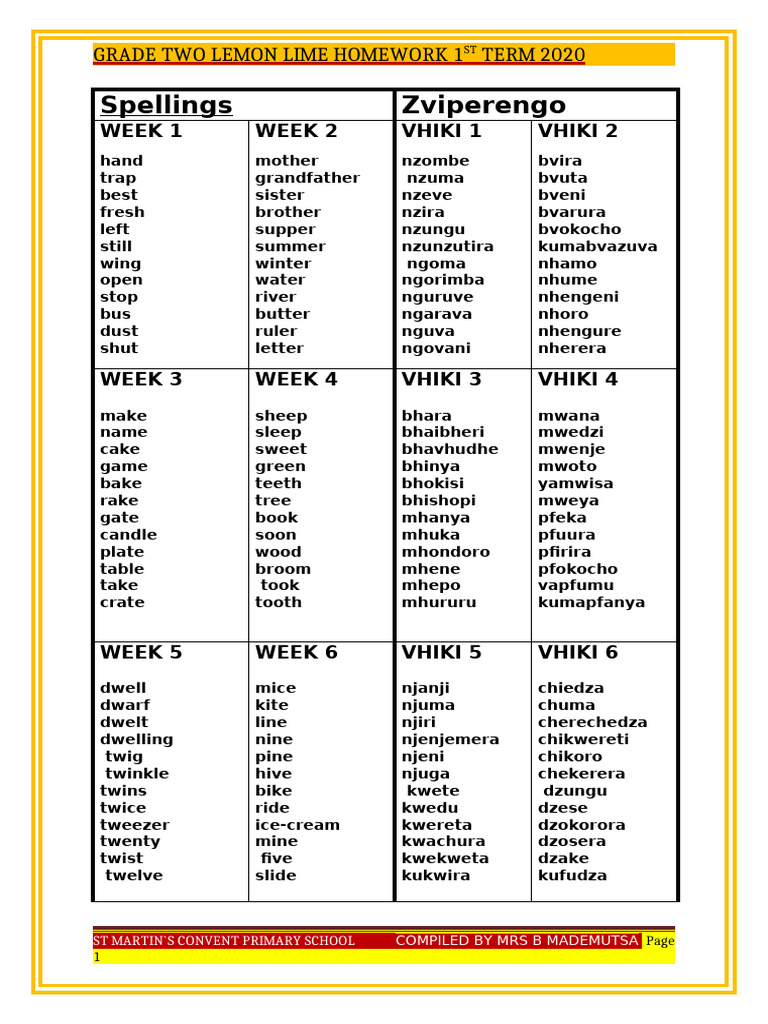 Week 2,3 Homework &spellings. Grade Two Lemon Lime 1ST Term 2020 | PDF ...