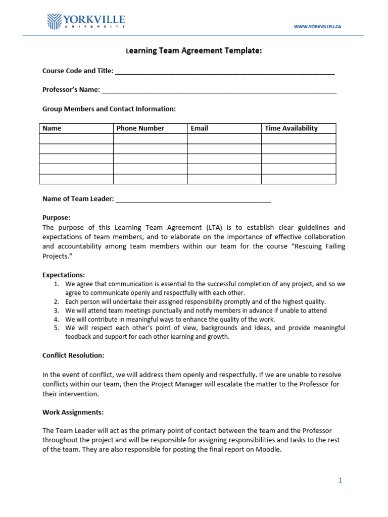 Learning Team Agreement Template | PDF
