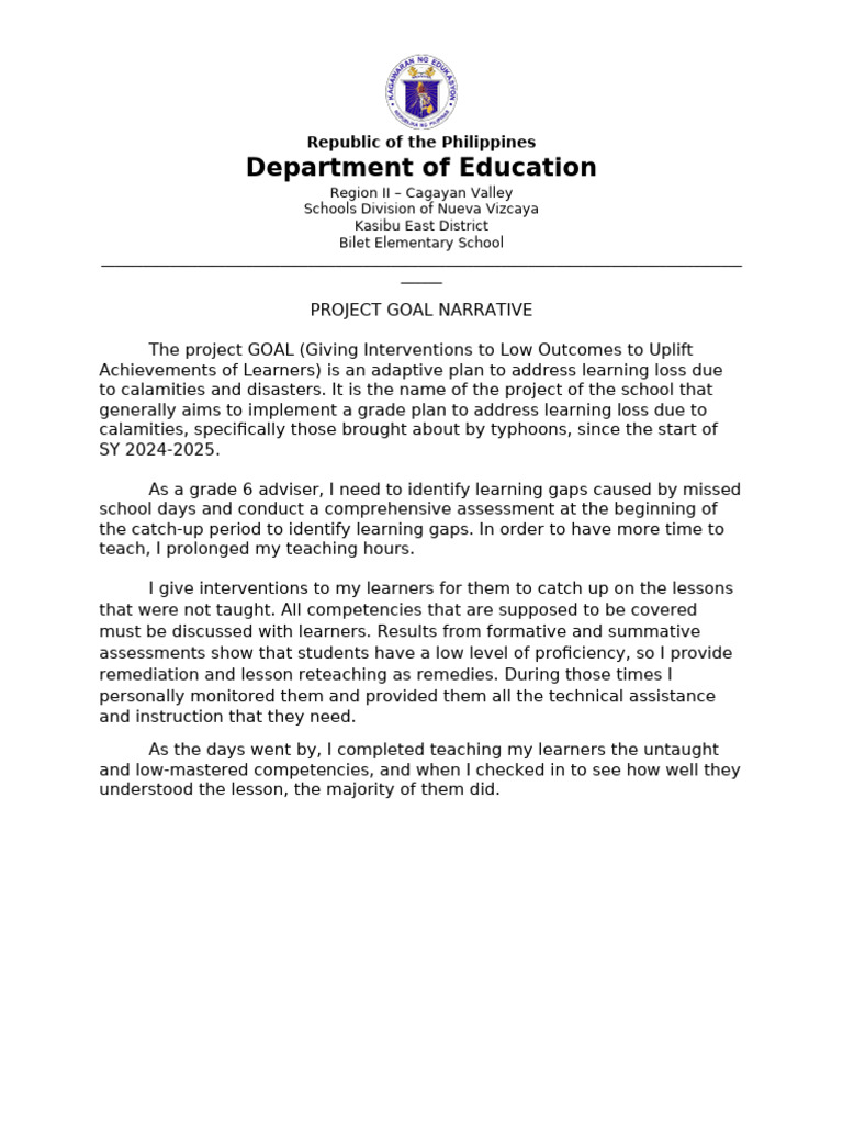 The Project GOAL Narrative | PDF