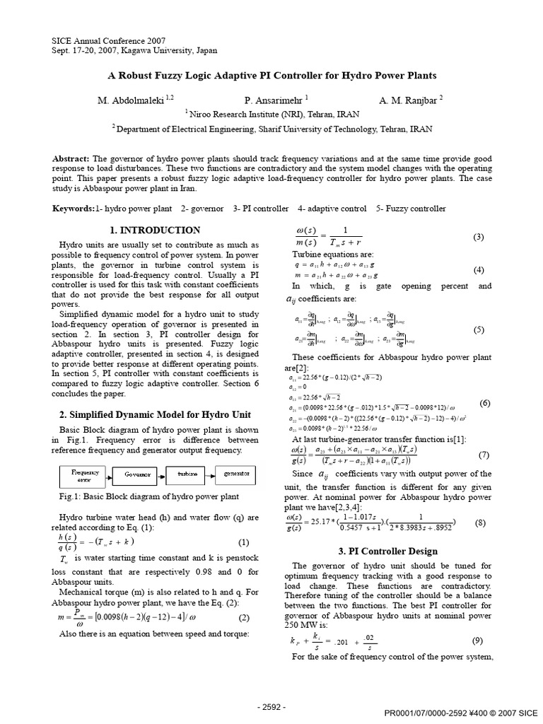 A Robust Fuzzy Logic Adaptive PI Controller For Hydro Power Plants | PDF | Parameter (Computer ...