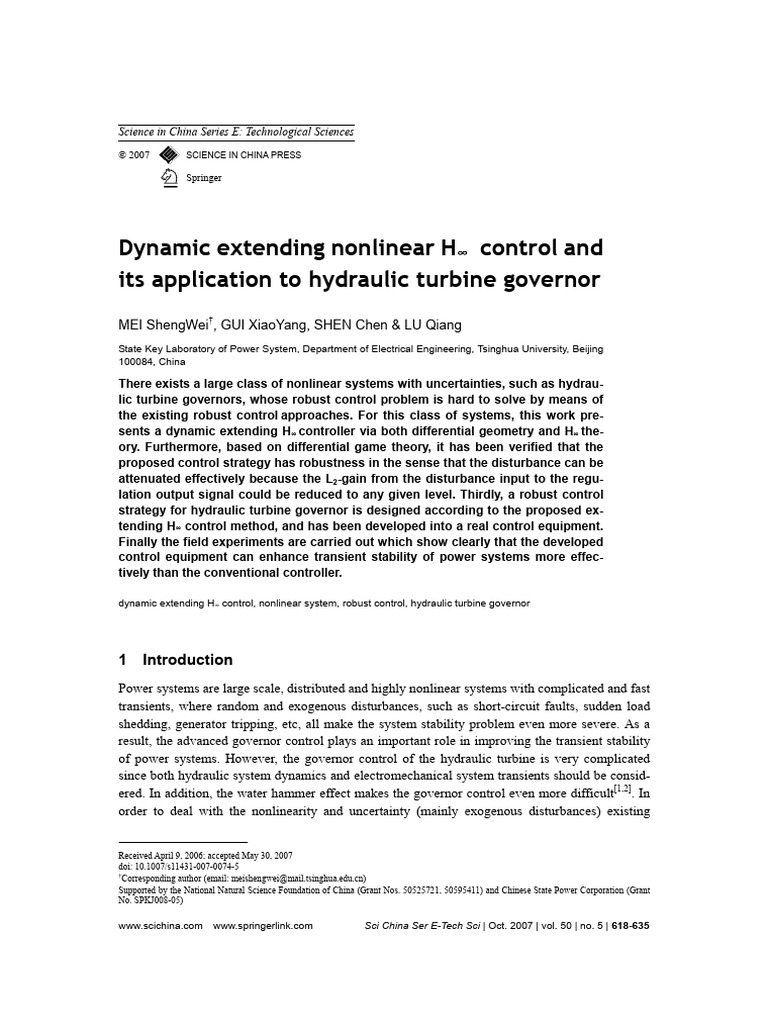 Dynamic Extending Nonlinear H Control and Its Aplication To Hydraulic Turbine Governor - Mei2007 ...