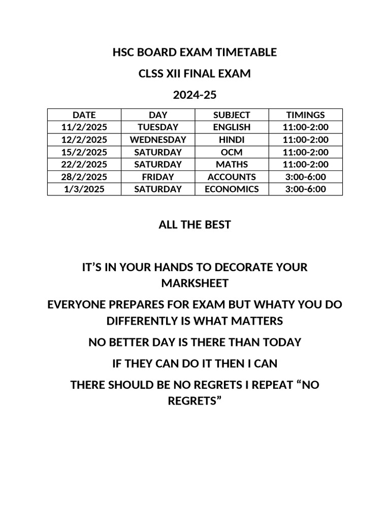 Hsc Board Exam Timetable | PDF