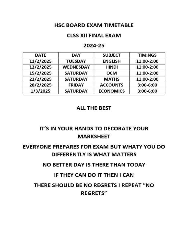 HSC Board Exam Timetable | PDF